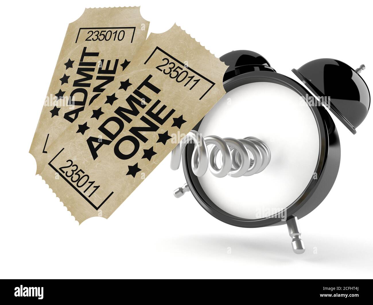 Alarm clock with tickets isolated on white background Stock Photo - Alamy