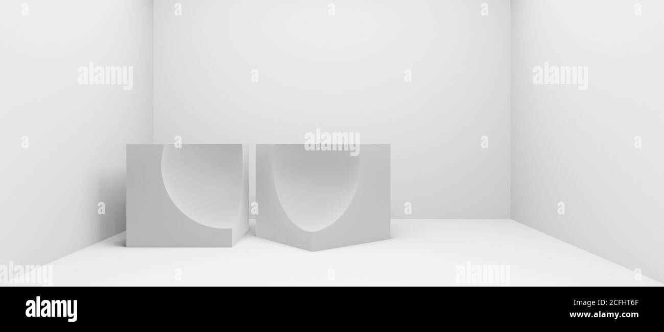 Cubes or boxes, boolean cut out models, in realistic studio interior ...