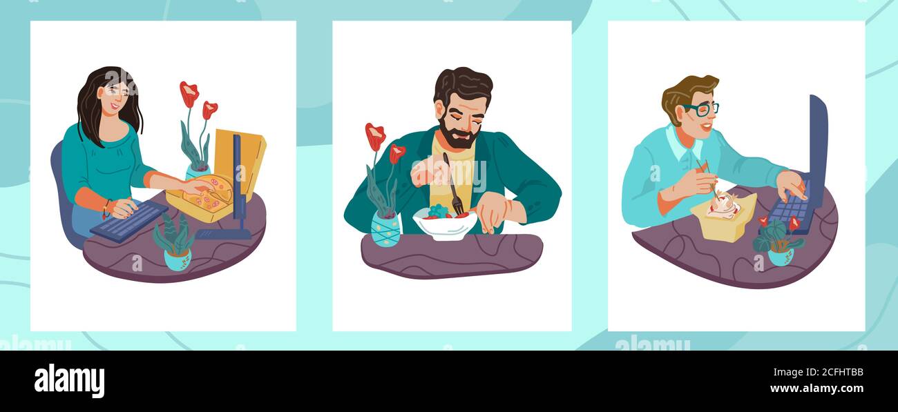 Set of eating and working people cartoon characters. Lunch break or ...