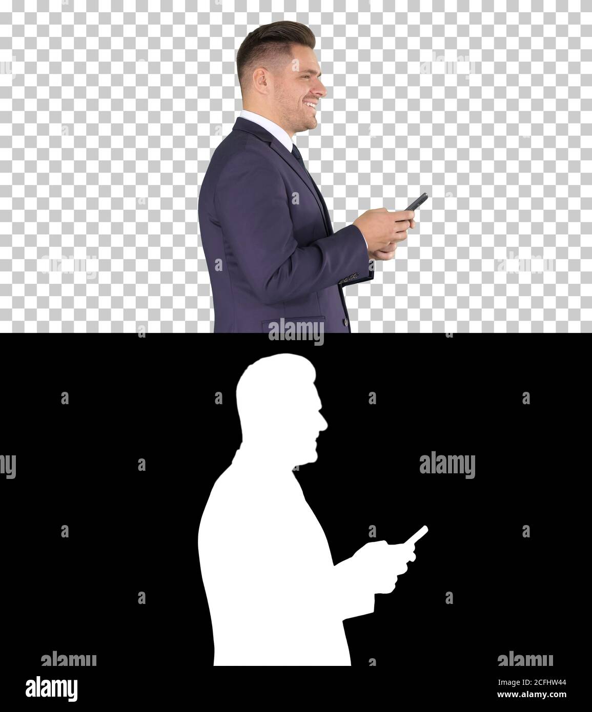 Mature businessman using mobile phone texting message, Alpha Channel ...