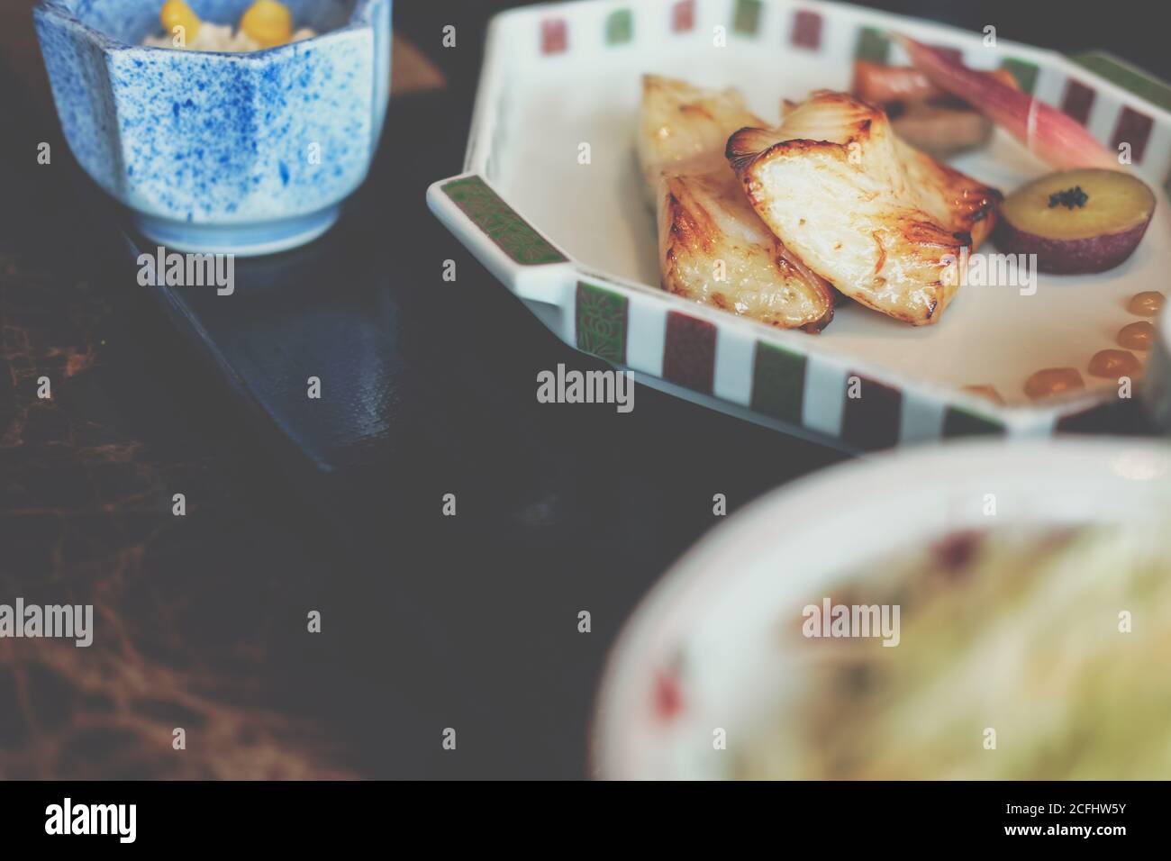 grilled yellow tail fish with salt. japanese lunch food menu set Stock ...