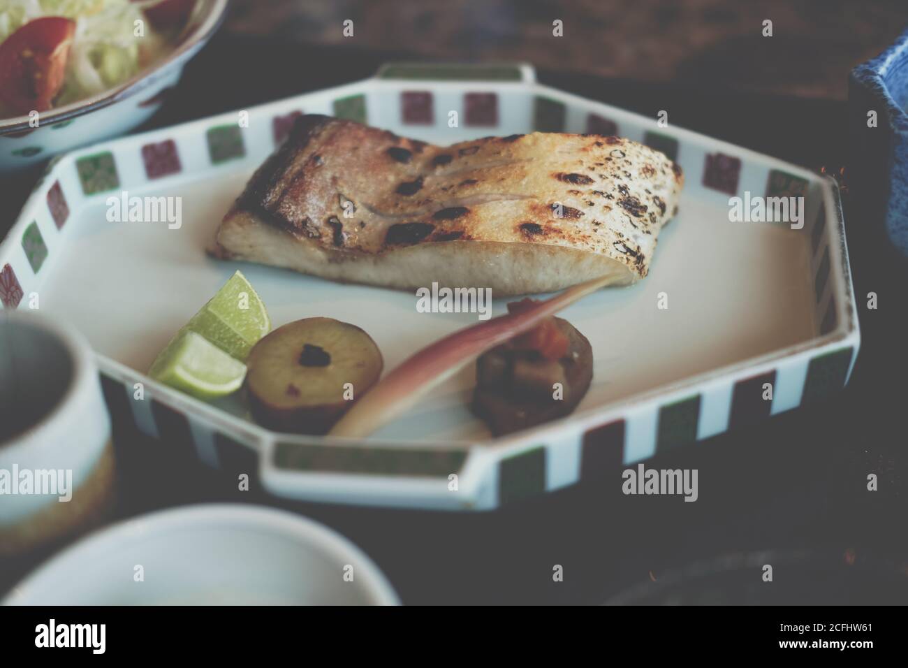 grilled snow fish with salt. japanese lunch food menu set Stock Photo ...