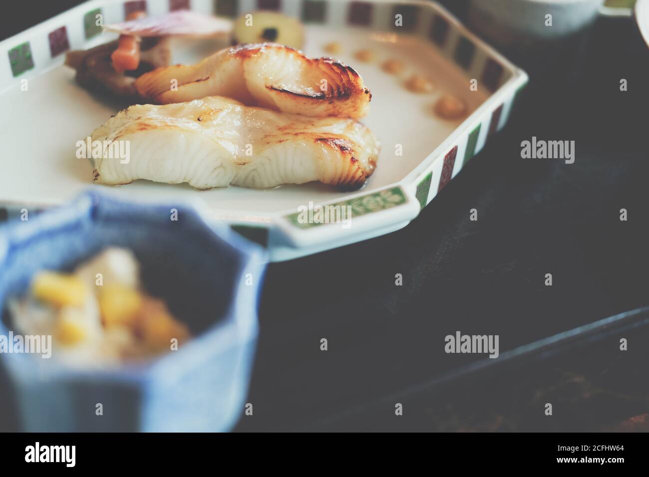 grilled yellow tail fish with salt. japanese lunch food menu set Stock ...