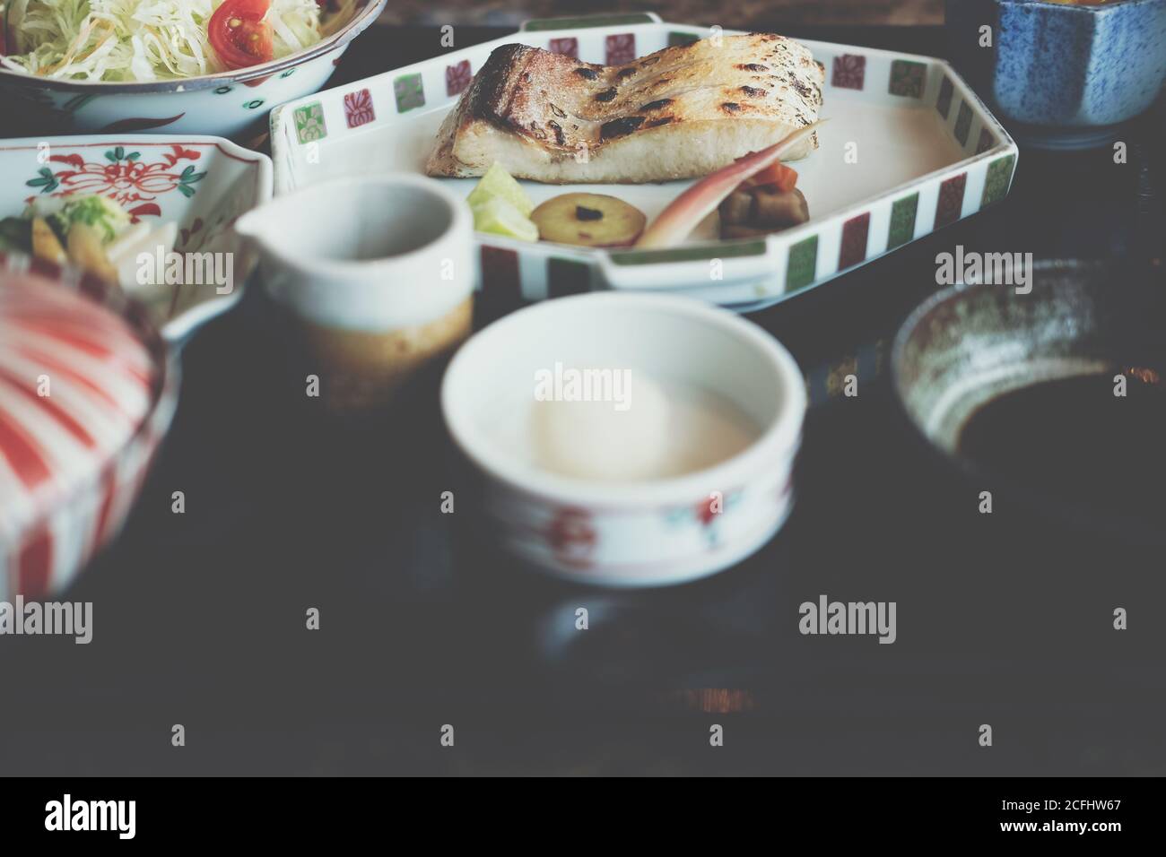 grilled snow fish with salt. japanese lunch food menu set Stock Photo ...
