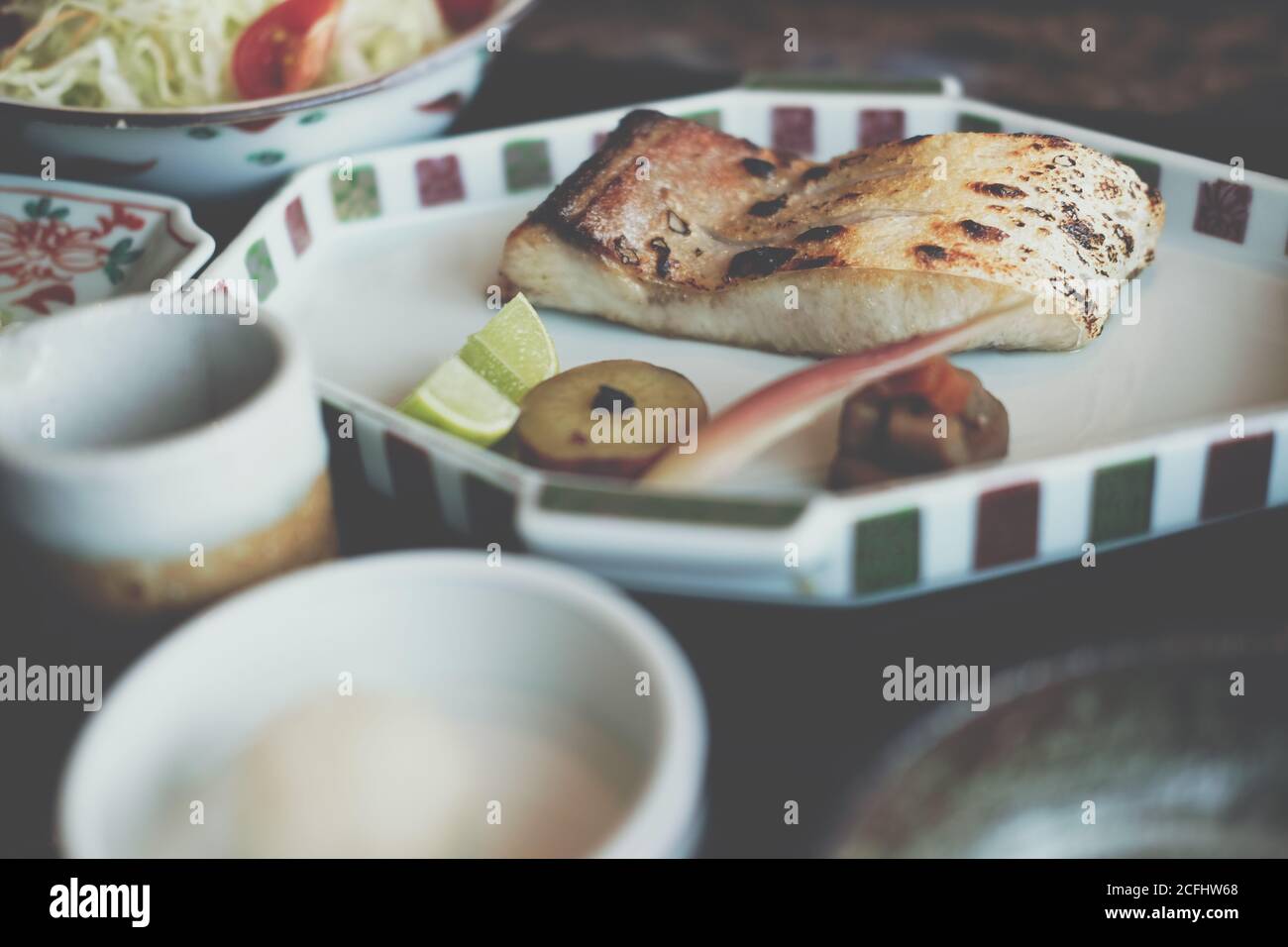 grilled snow fish with salt. japanese lunch food menu set Stock Photo ...