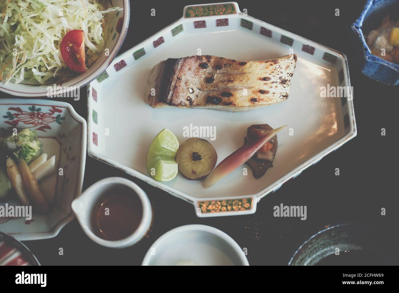 grilled snow fish with salt. japanese lunch food menu set Stock Photo ...