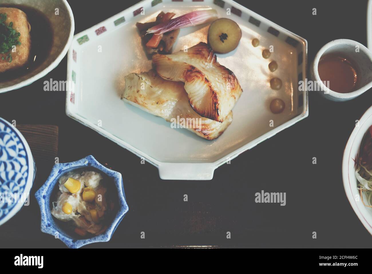 grilled yellow tail fish with salt. japanese lunch food menu set Stock ...