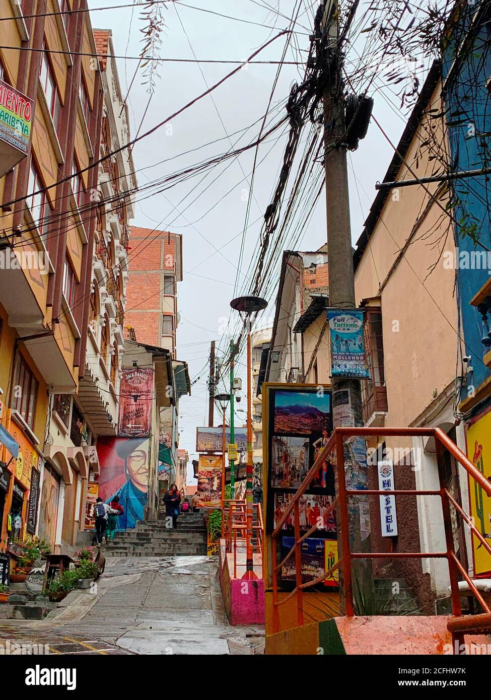 Cityscape of La Paz, capital of Bolivia. Bright buildings on the street ...