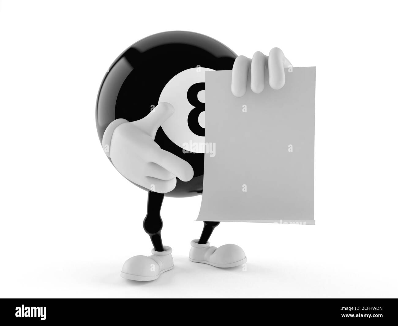 Eight ball character with blank sheet of paper isolated on white ...