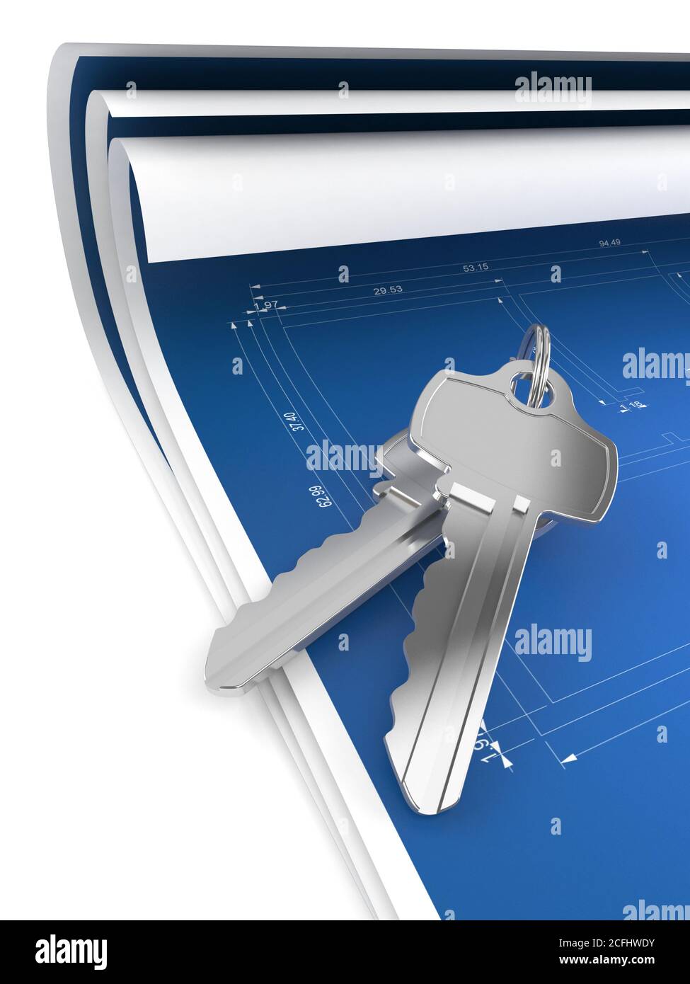 Blueprints with door keys isolated on white background Stock Photo - Alamy