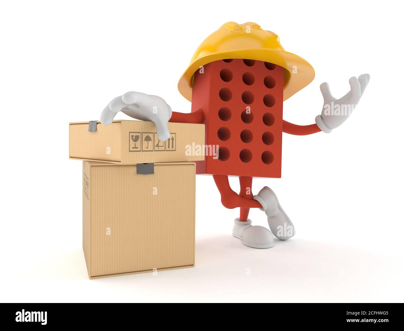 Brick character with stack of boxes isolated on white background Stock ...