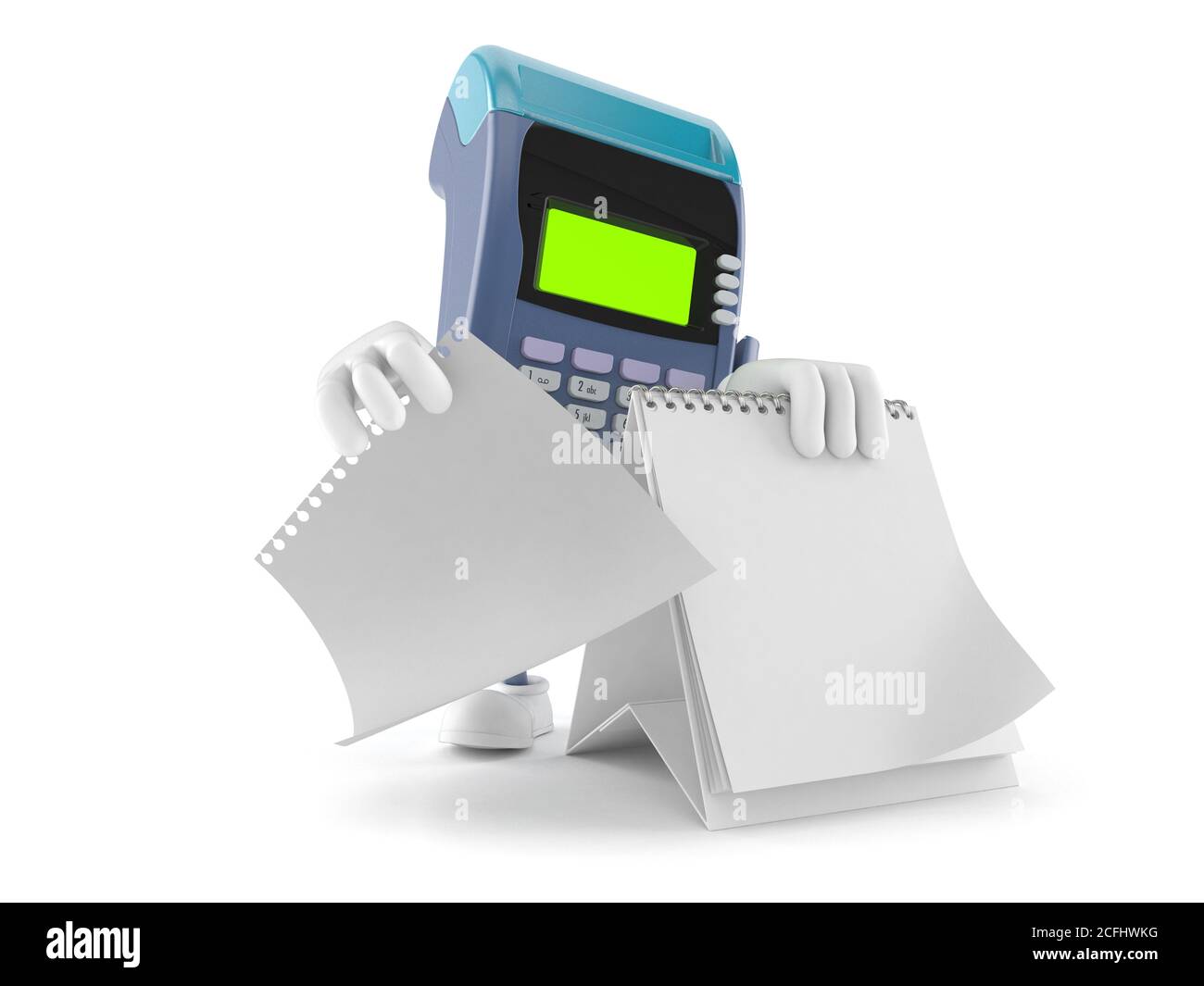 Credit card reader character with blank calendar isolated on white ...