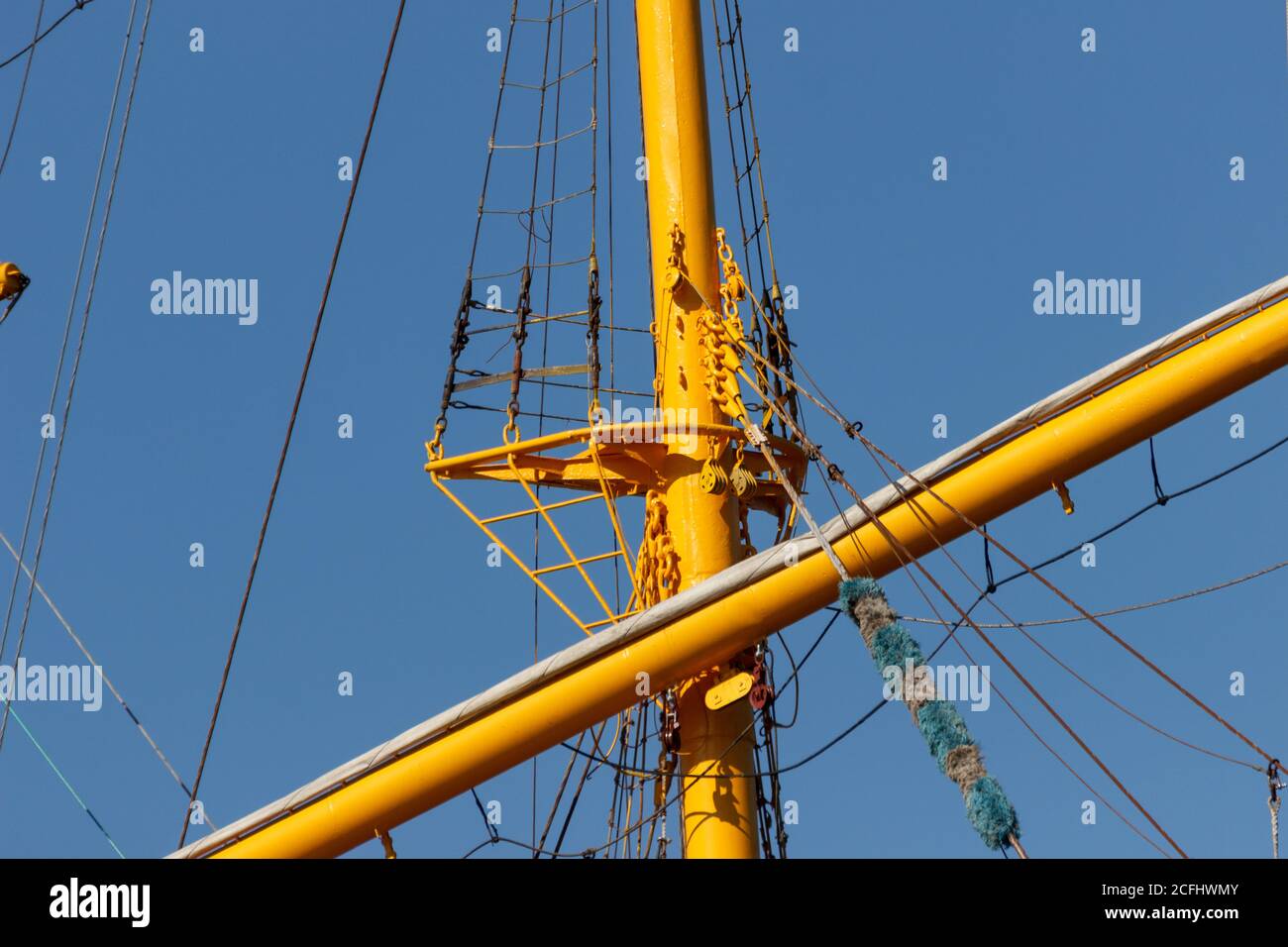 Masts, yards, cables and rigging of a large sailing ship close-up Stock ...