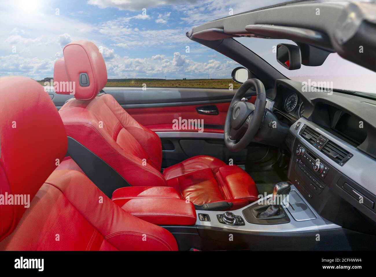 Interior of a modern convertible car with red leather seats Stock Photo ...