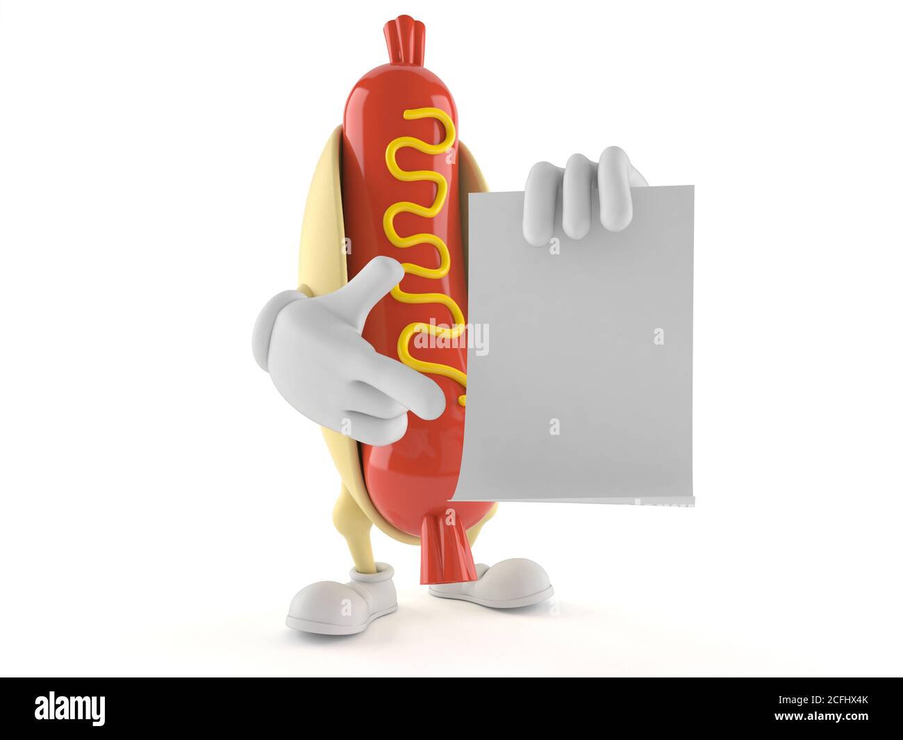 Hot dog character with blank sheet of paper isolated on white ...