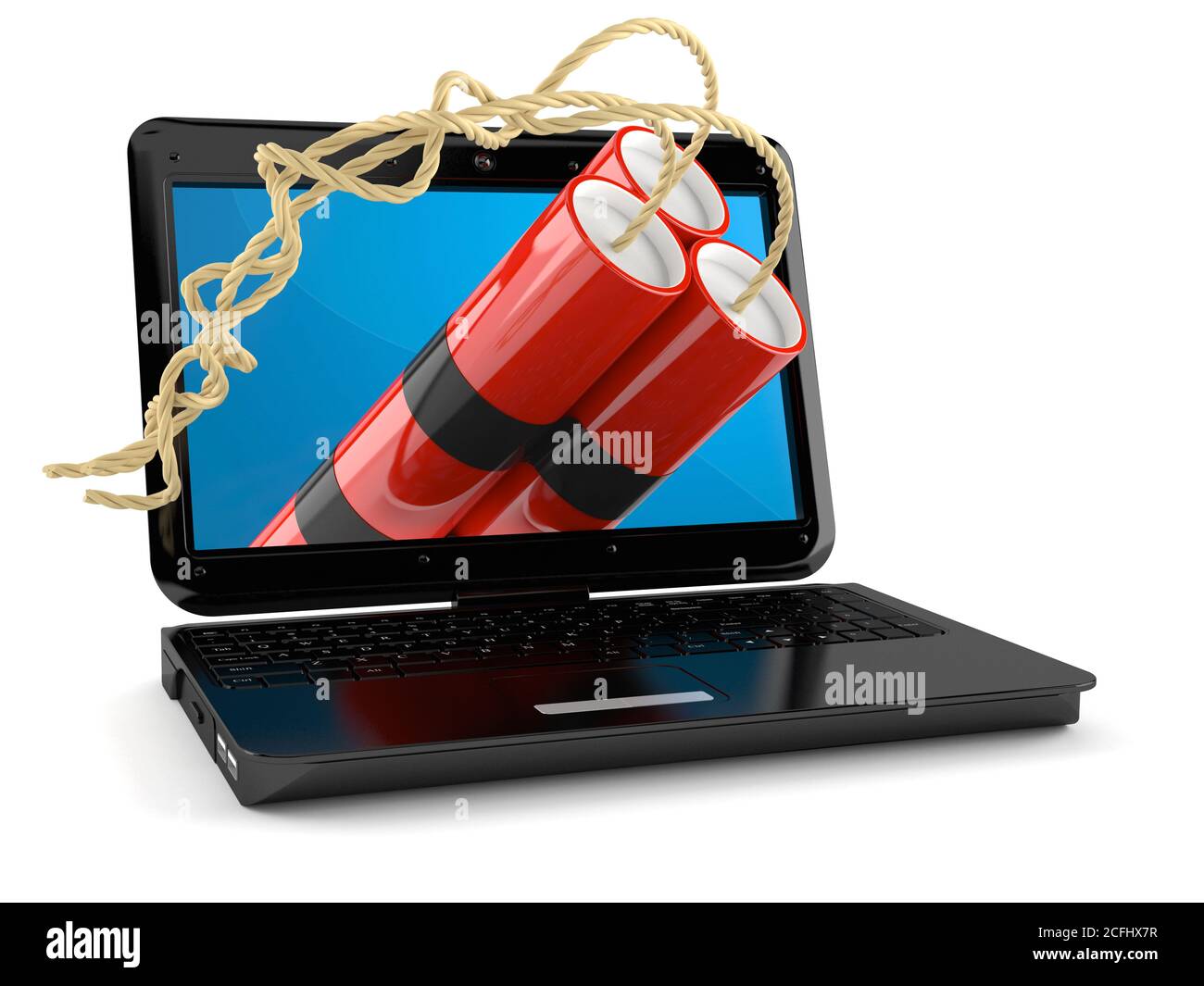Laptop with dynamite isolated on white background Stock Photo - Alamy