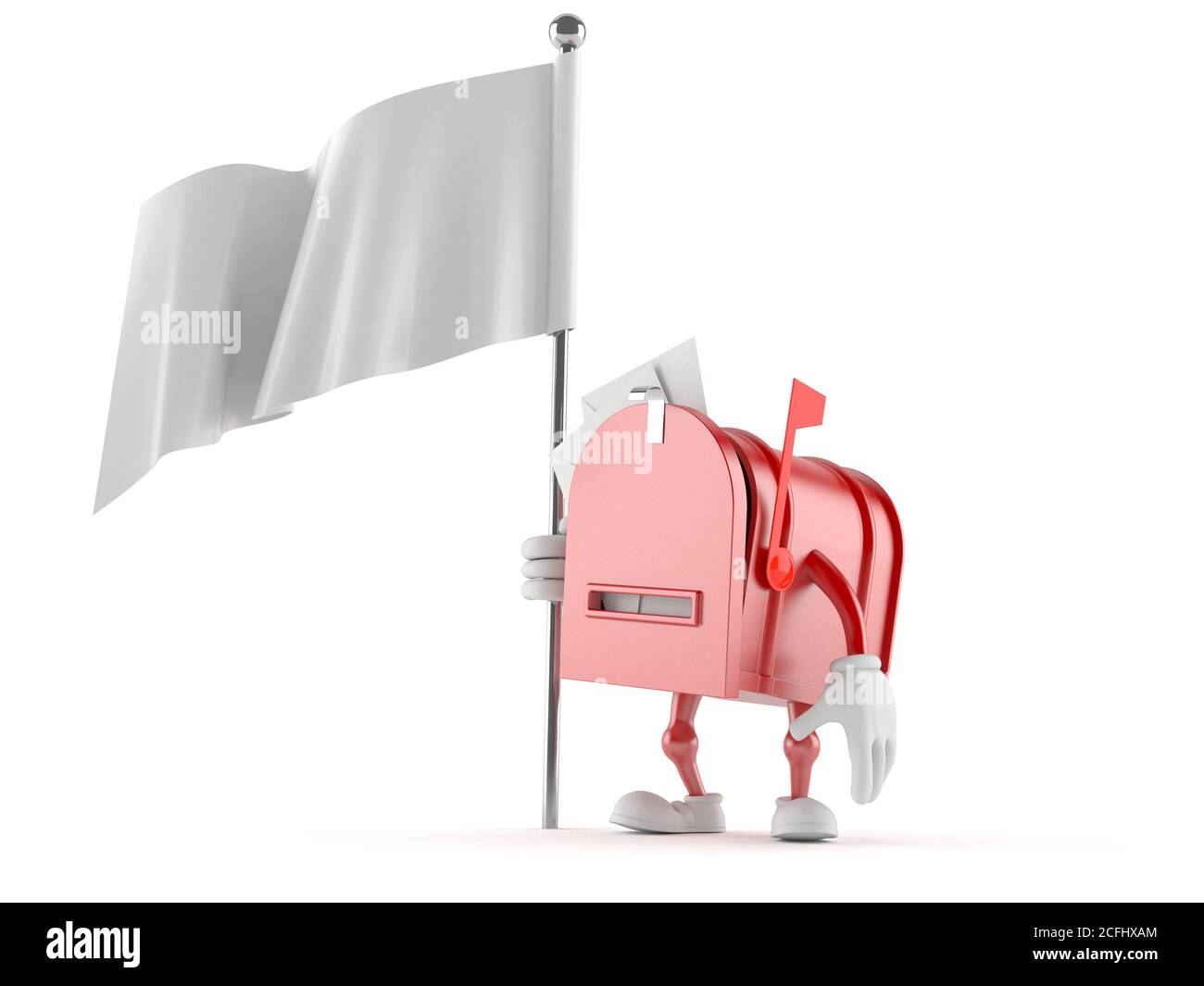 Mailbox character holding white flag isolated on white background Stock ...