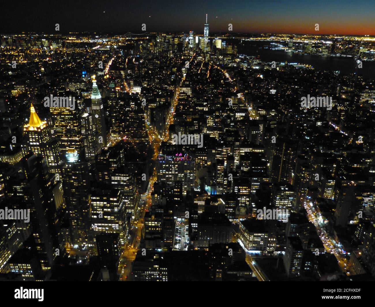 New York city at nightfall. Lights night city. Aerial view on the NYC ...