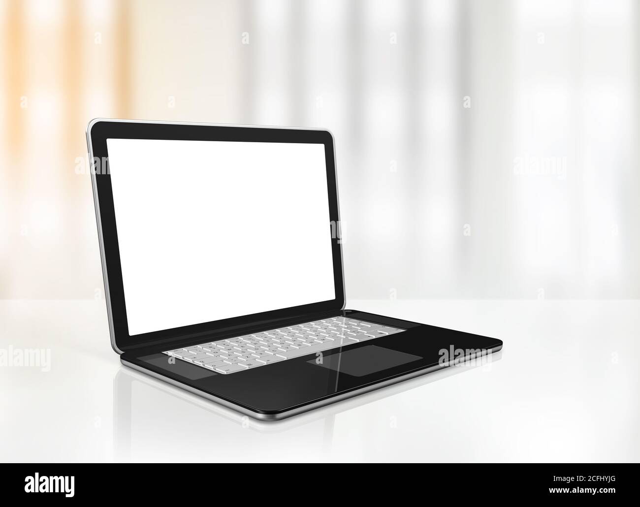 3D blank laptop computer isolated on office desk interior background ...