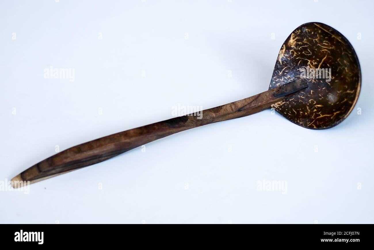 Coconut shell ladle from Indonesia on white background Stock Photo - Alamy