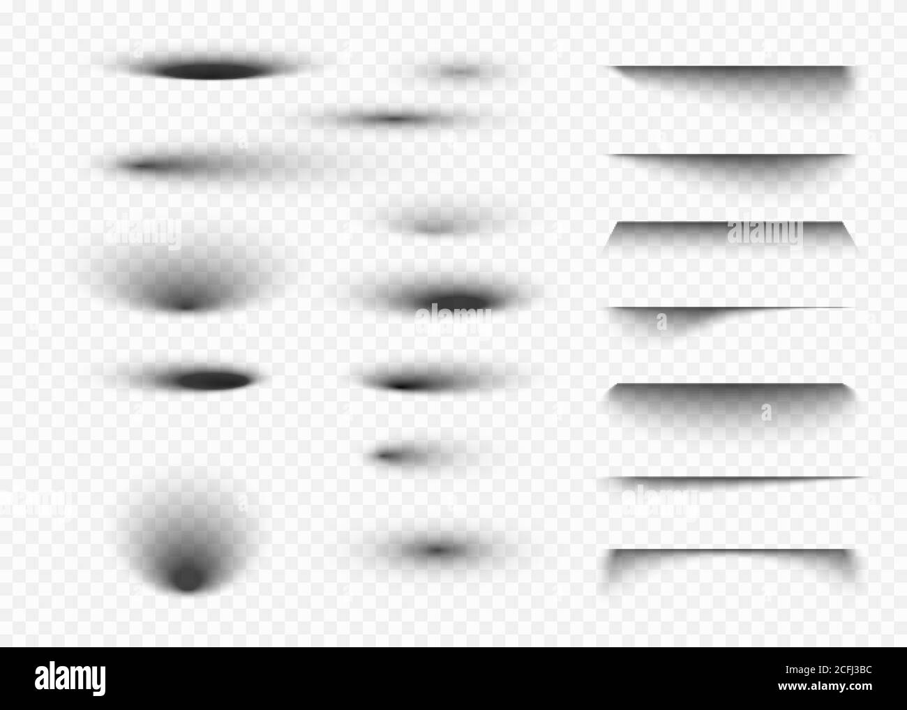 Shadow set on transparent background. Oval shadows and round shades with soft edges. Vector ...