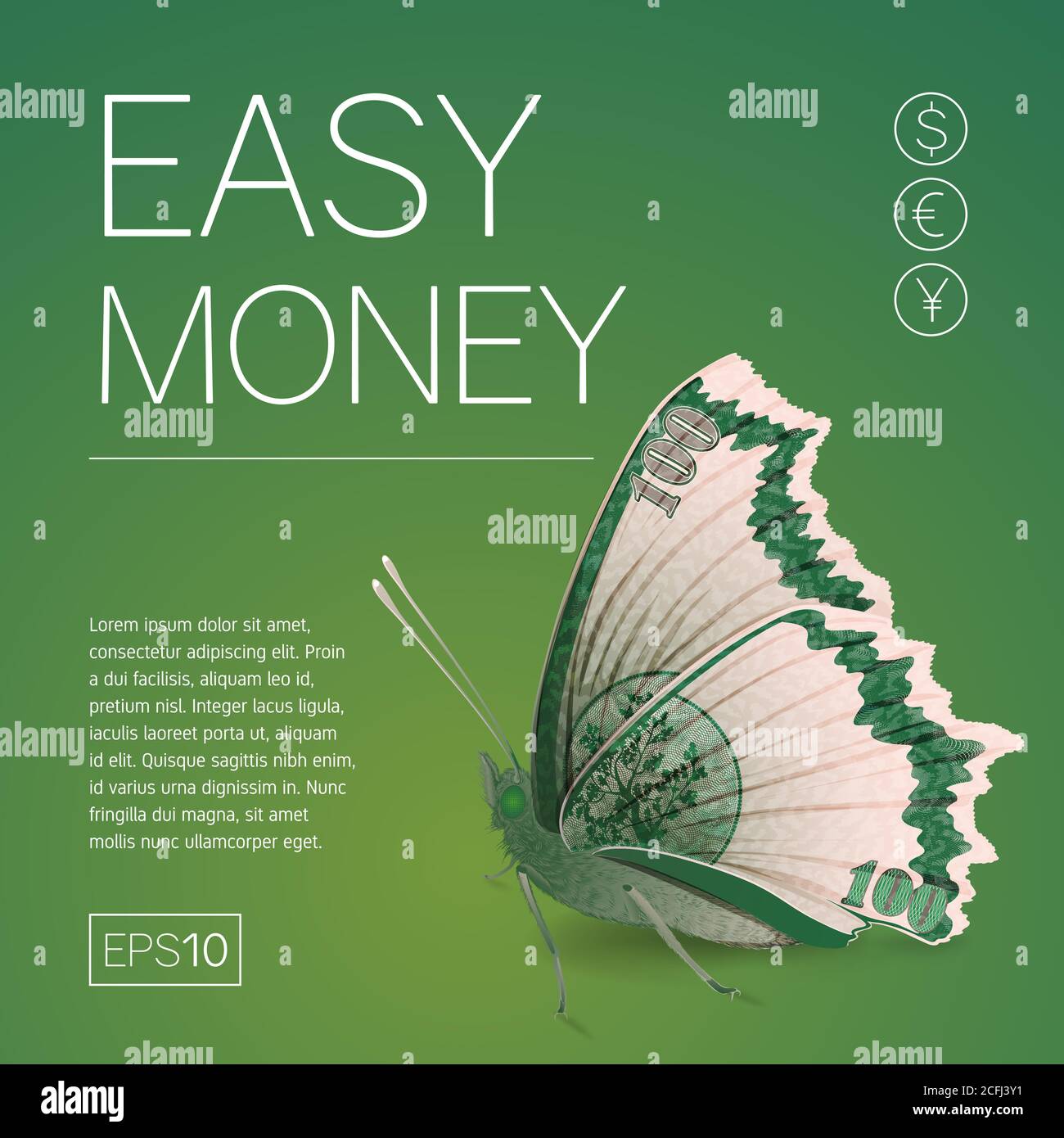 Easy money. Creative minimalistic idea. Square banner with butterfly ...