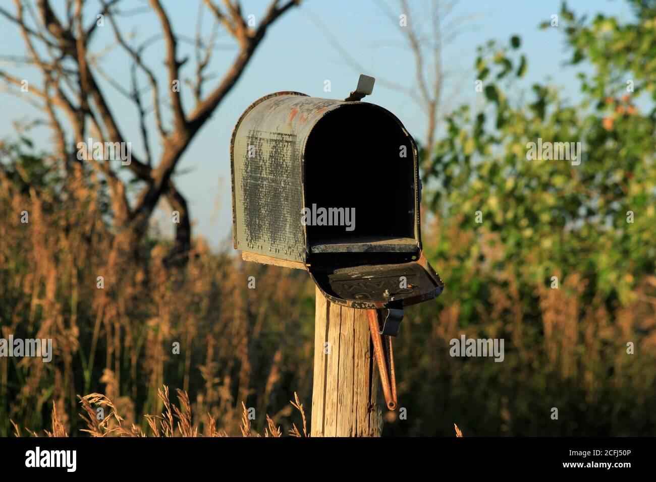 Kansas Country mailbox with tree's,blue sky, and grass out in the ...