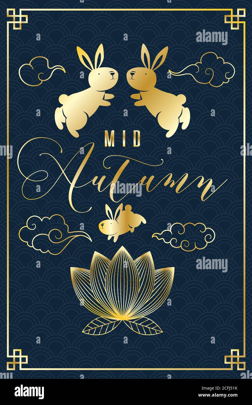 mid autumn festival poster with golden rabbits and lotus flower vector ...