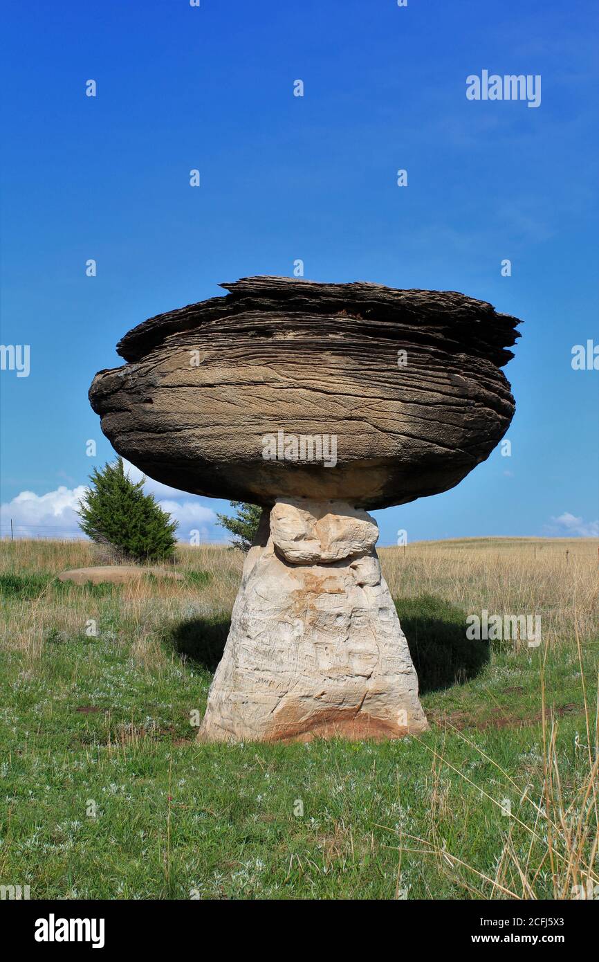 Mushroom Rock State Park with blue sky and grass out in the country in ...