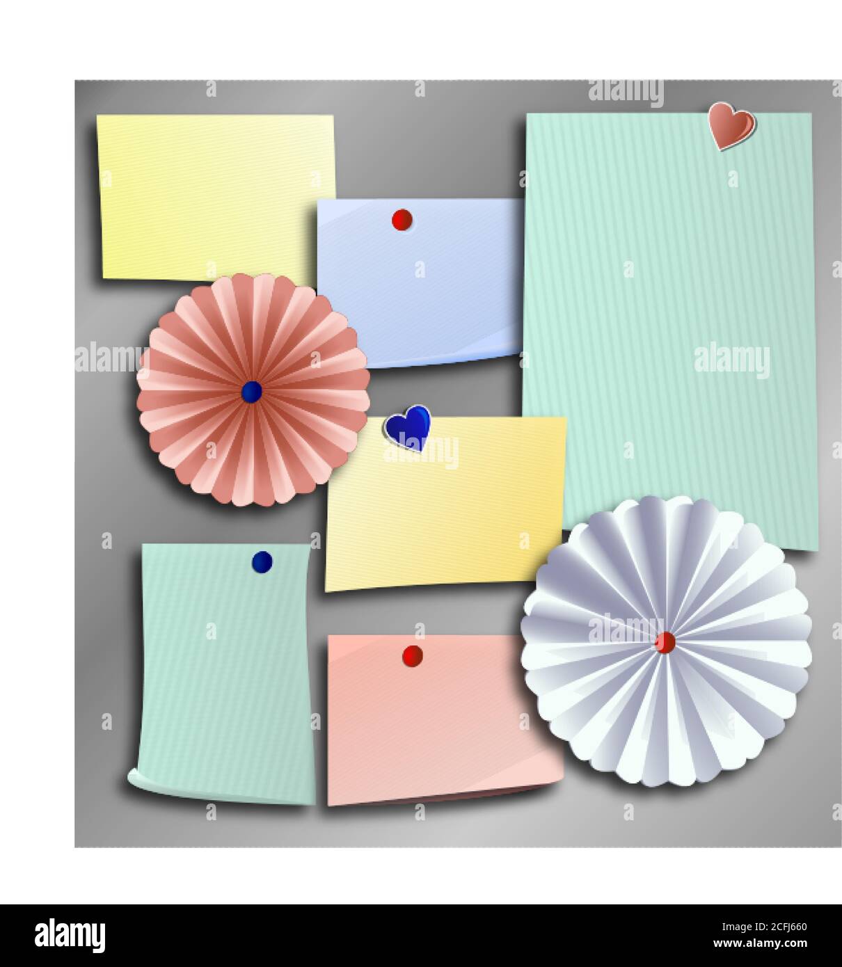 Note board with colorful stickers and paper fans. Vector illustration ...