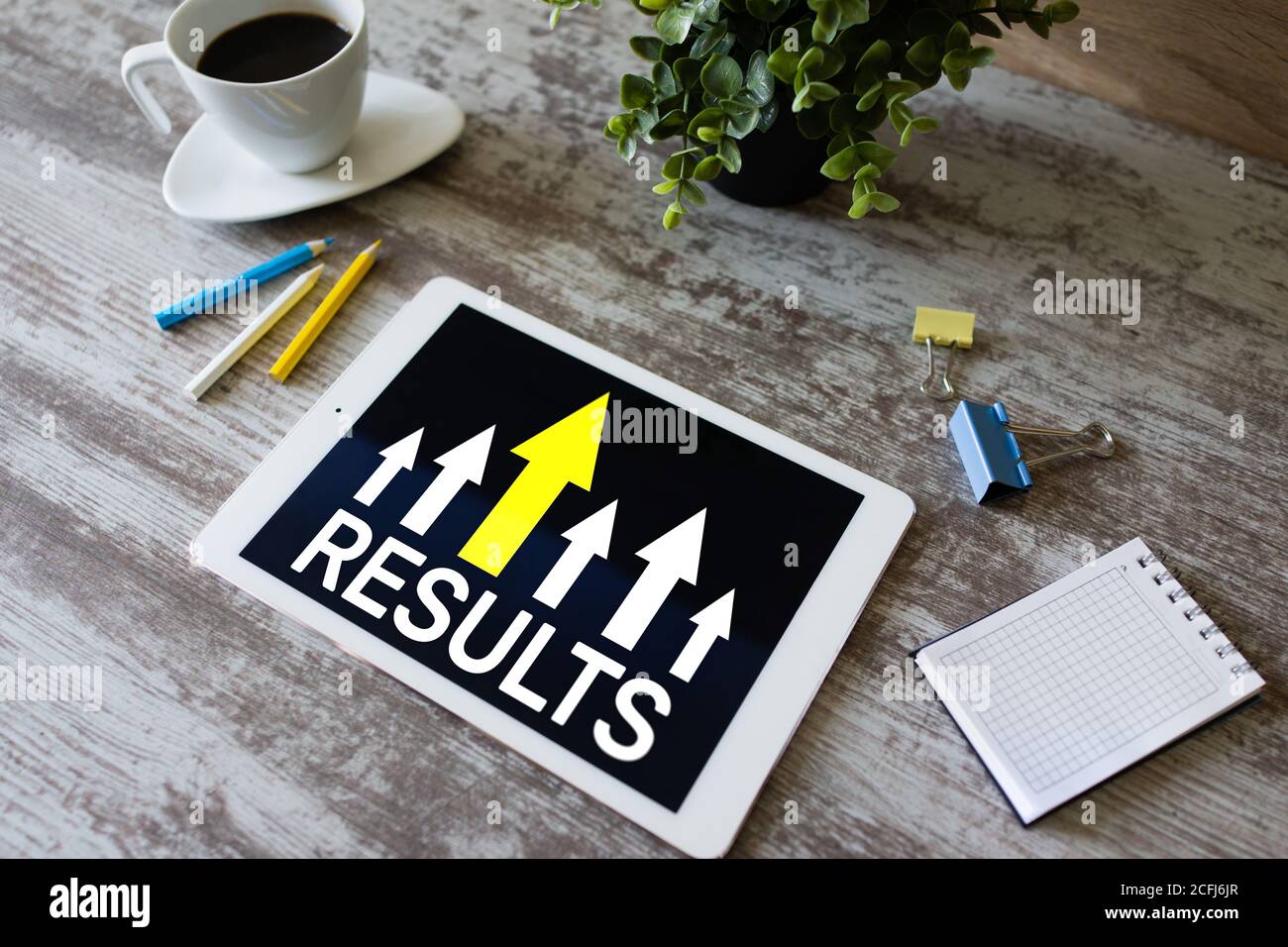 Results growth arrow on screen. Business and personal development ...