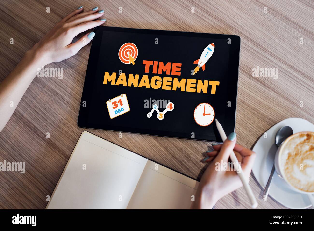 Time management text and icons on screen. Business and personal growth ...
