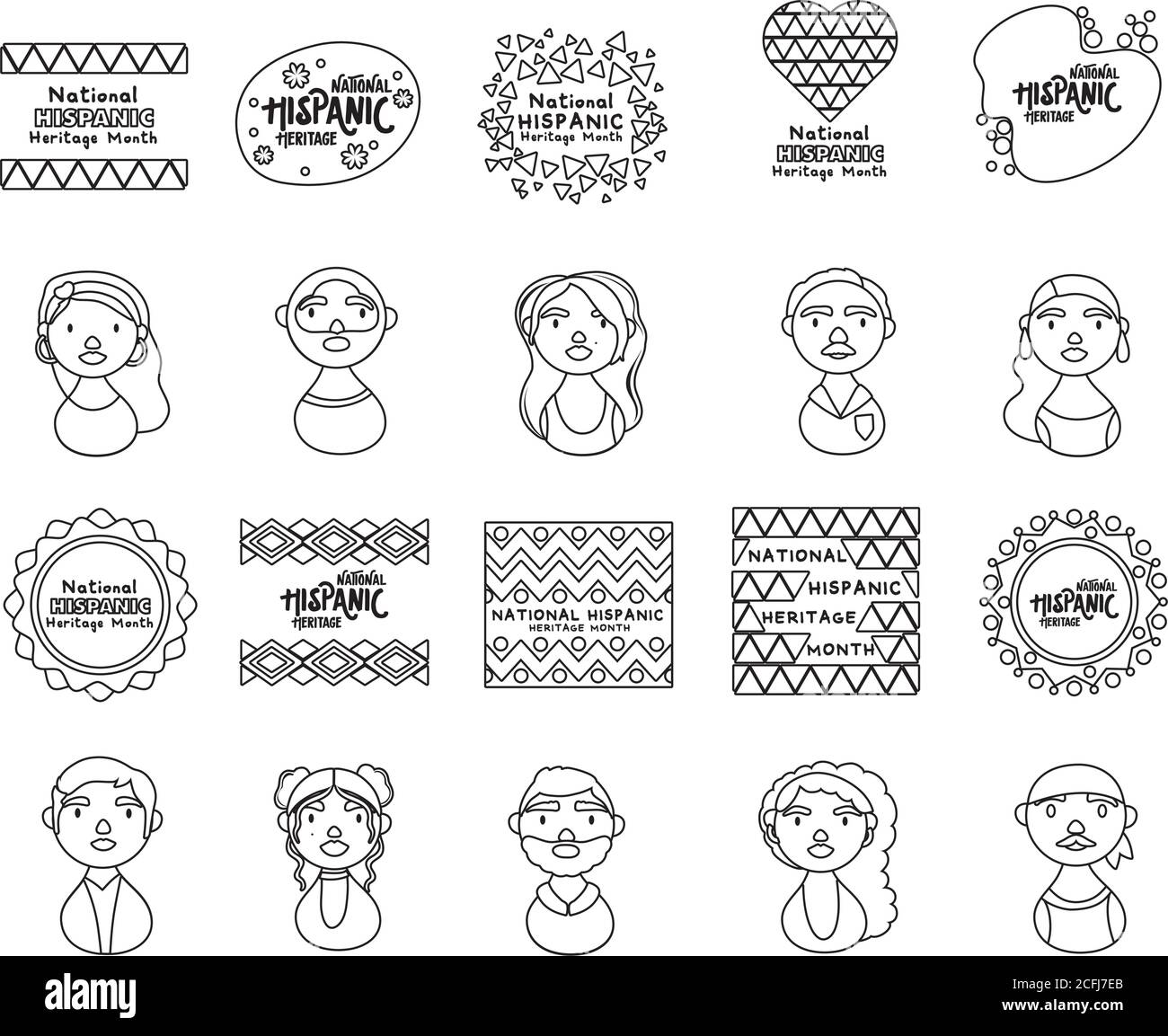 people characters and national hispanic heritage letterings line style ...
