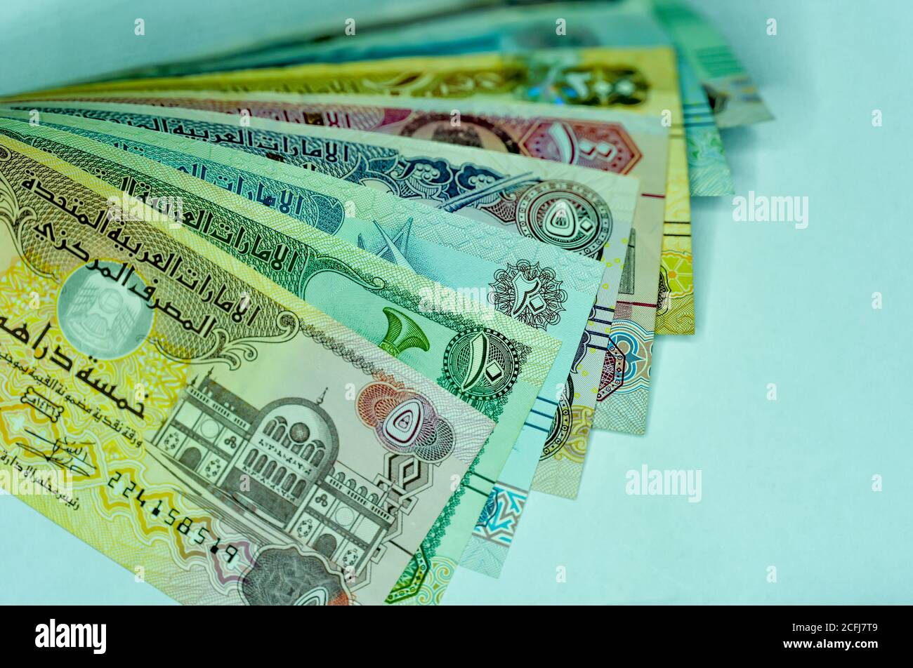 Close-up United Arab Emirates Currency, Dirhams and fils, Dubai, Abu ...