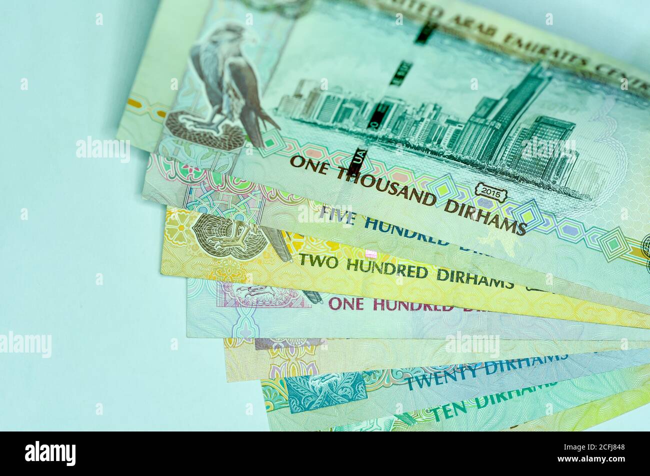 Close-up United Arab Emirates Currency, Dirhams and fils, Dubai, Abu ...