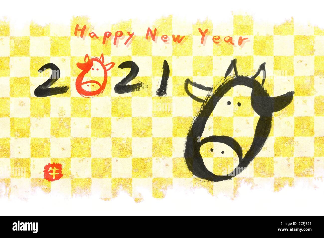 year of the ox, hand paint black ink stroke image on gold check paper ...