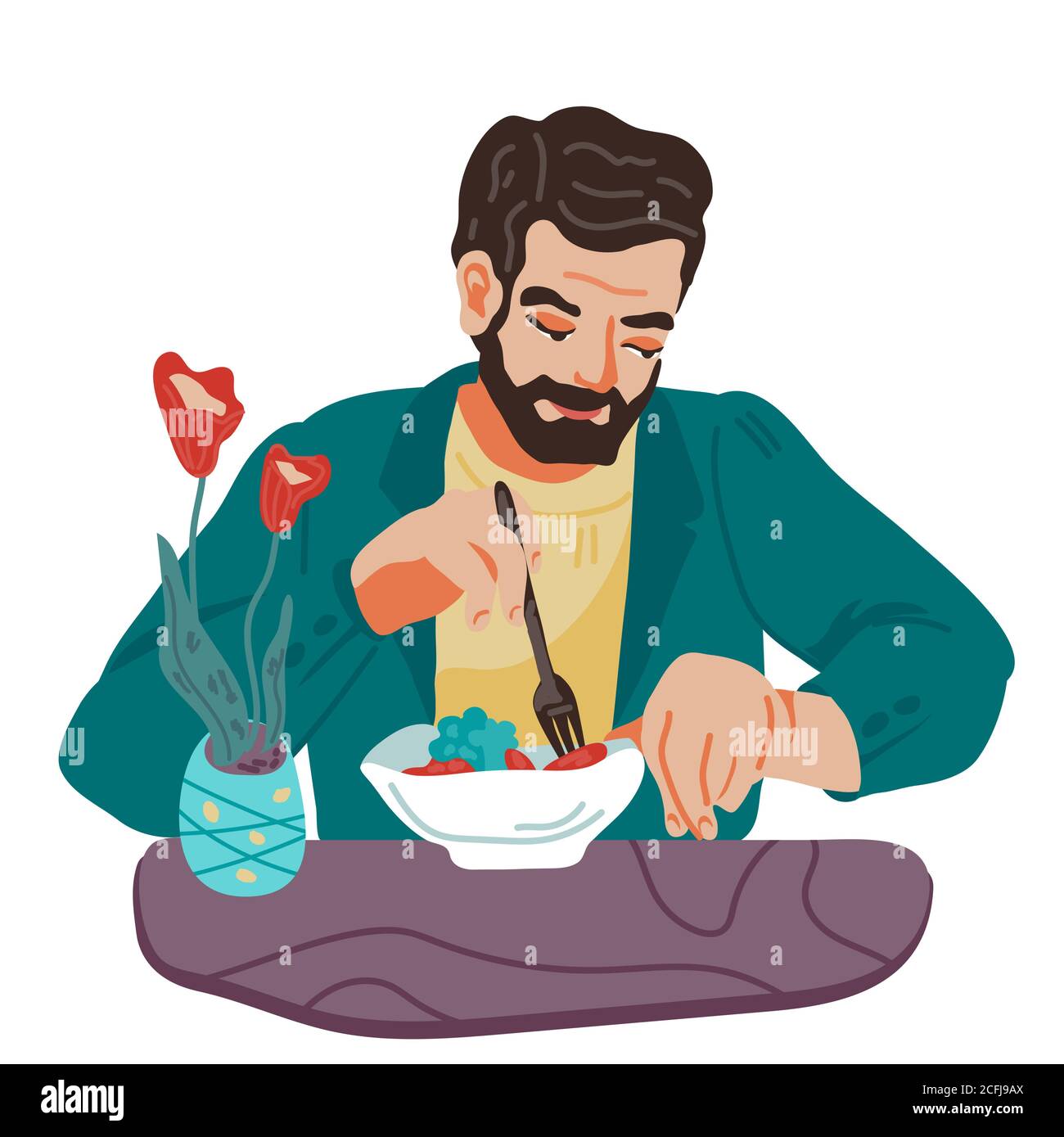 Man character eating healthy vegetables salad flat vector illustration ...