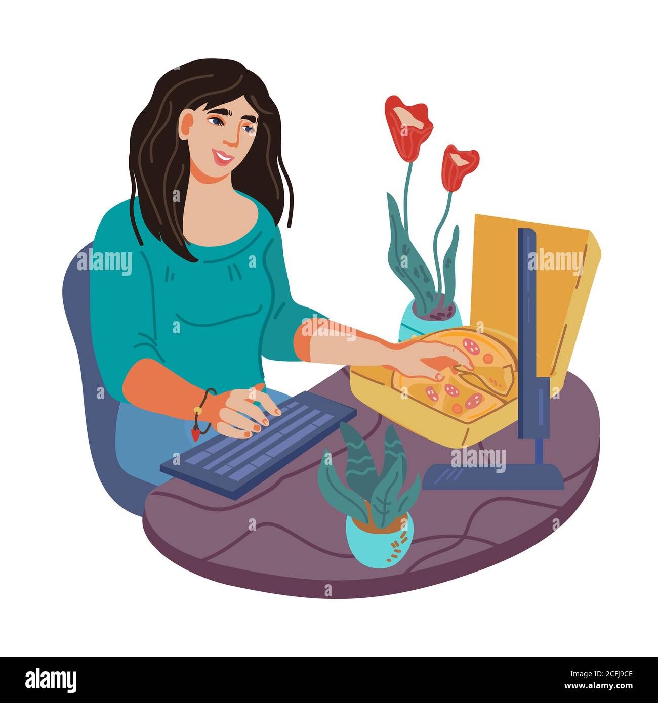 Woman character snacking during work at computer, flat vector ...
