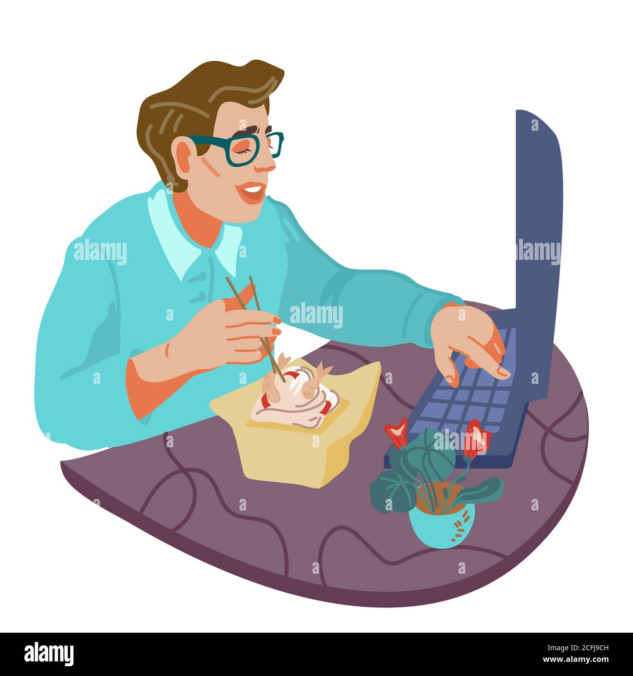 Freelancer or business man eating and working at computer. Break time ...