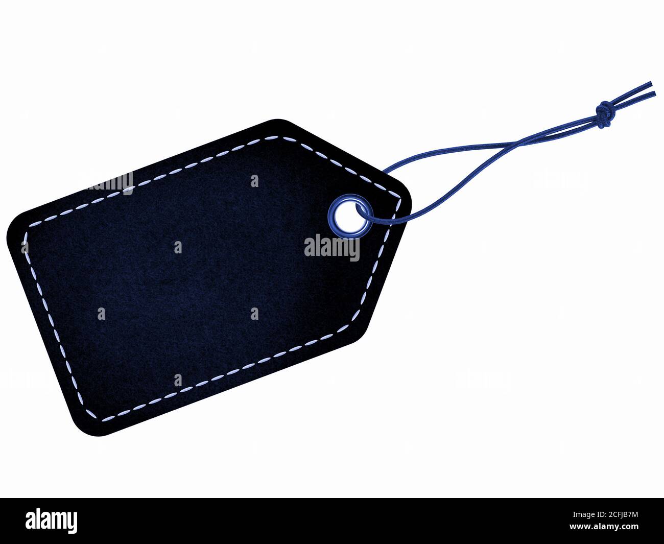 Dark blue tag label with string and stitches Stock Photo - Alamy