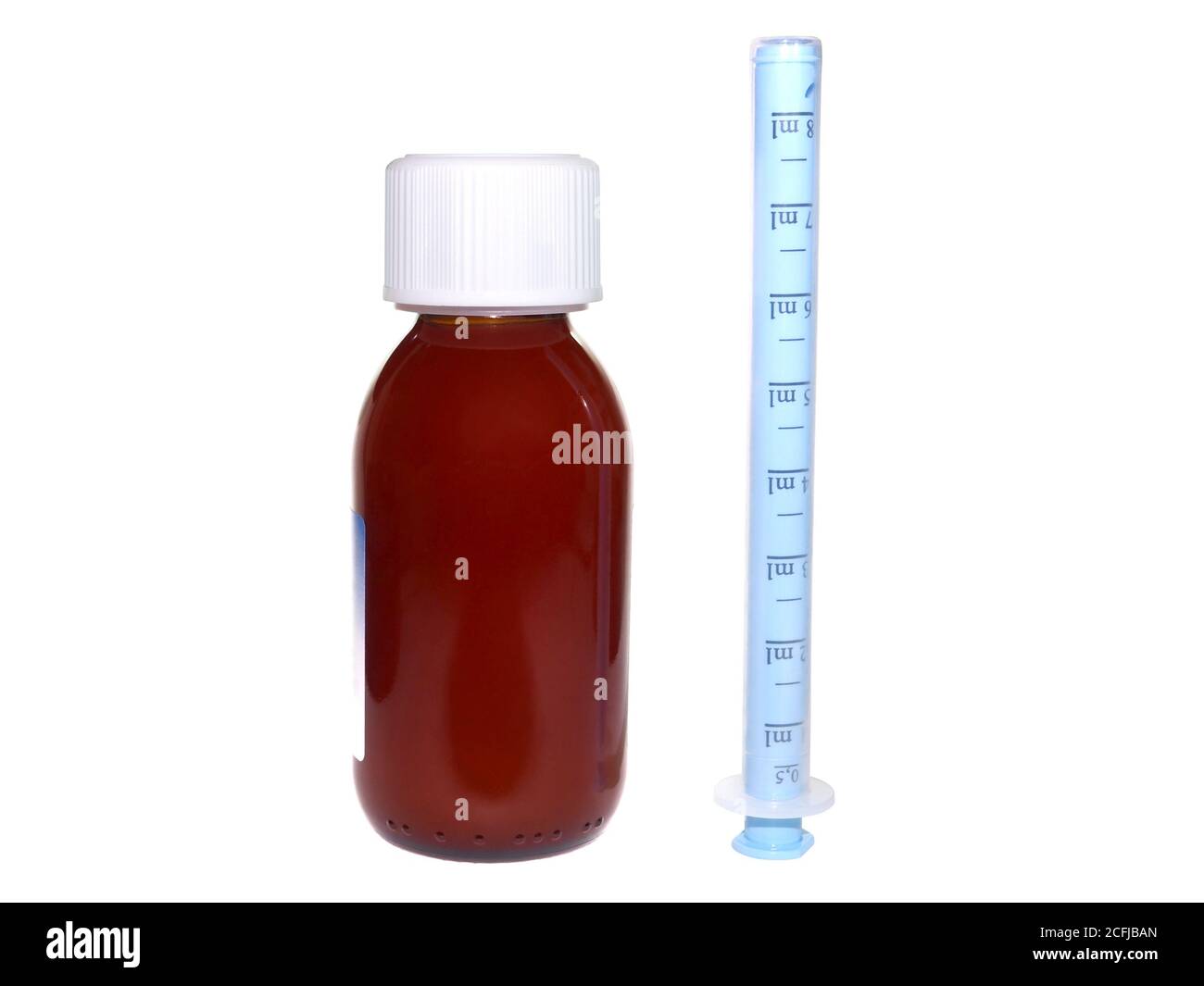 Medical baby syrup bottle and delivery device isolated on white Stock ...