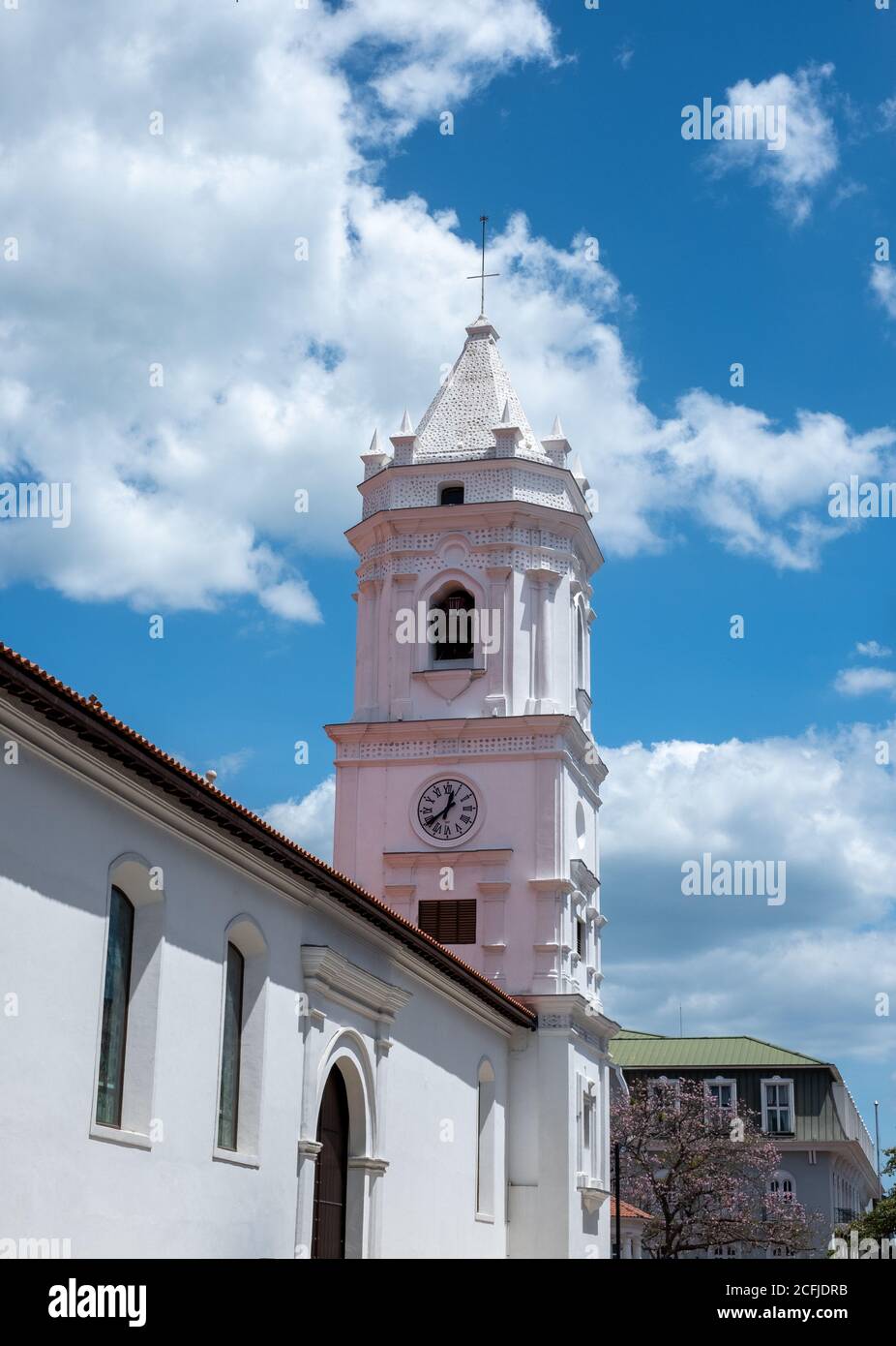 Vertical shot of the Panama Metropolitan Cathedral under a blue cloudy ...
