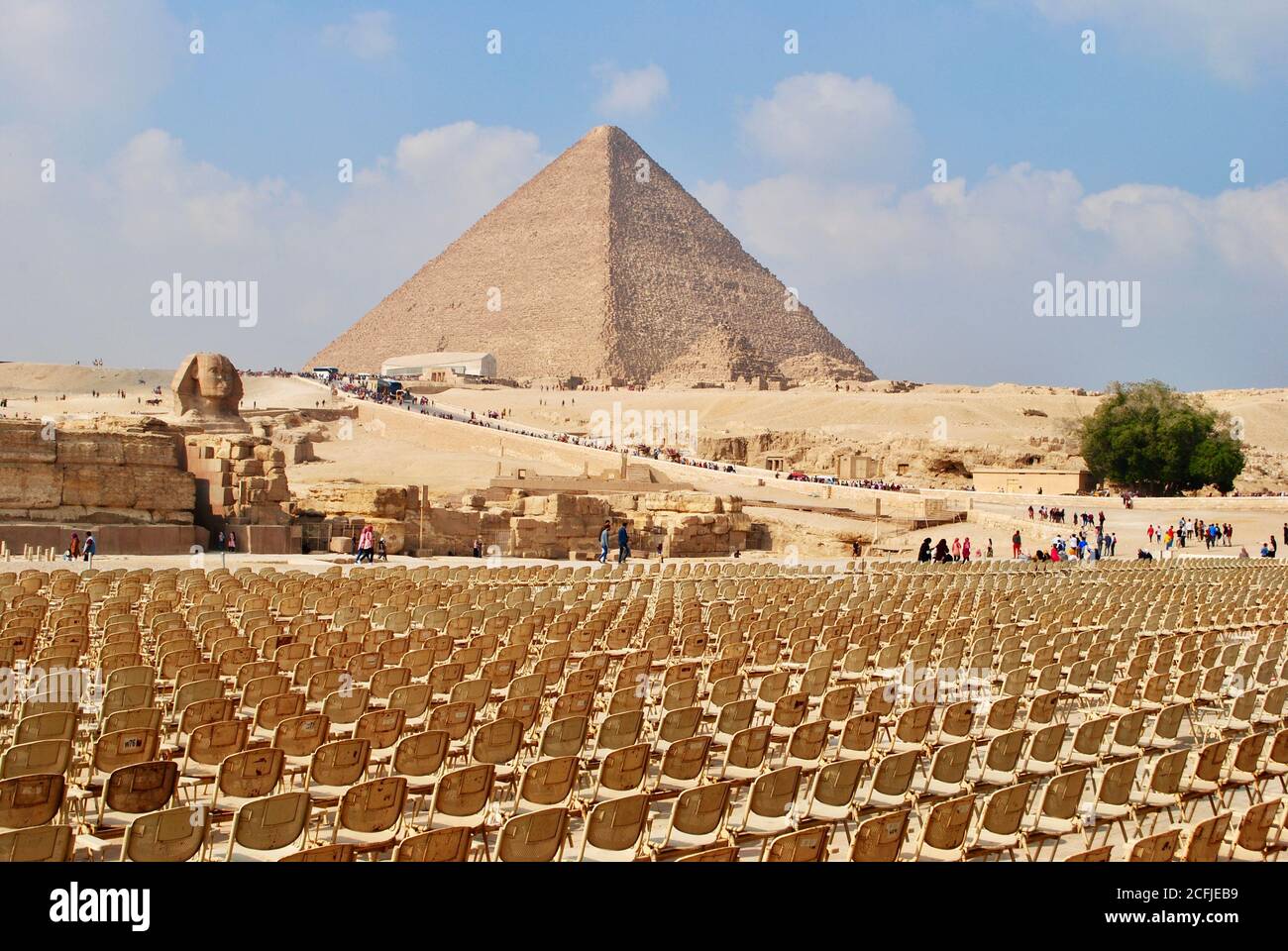 Row of empty seats for light show in front of the pyramids and the ...