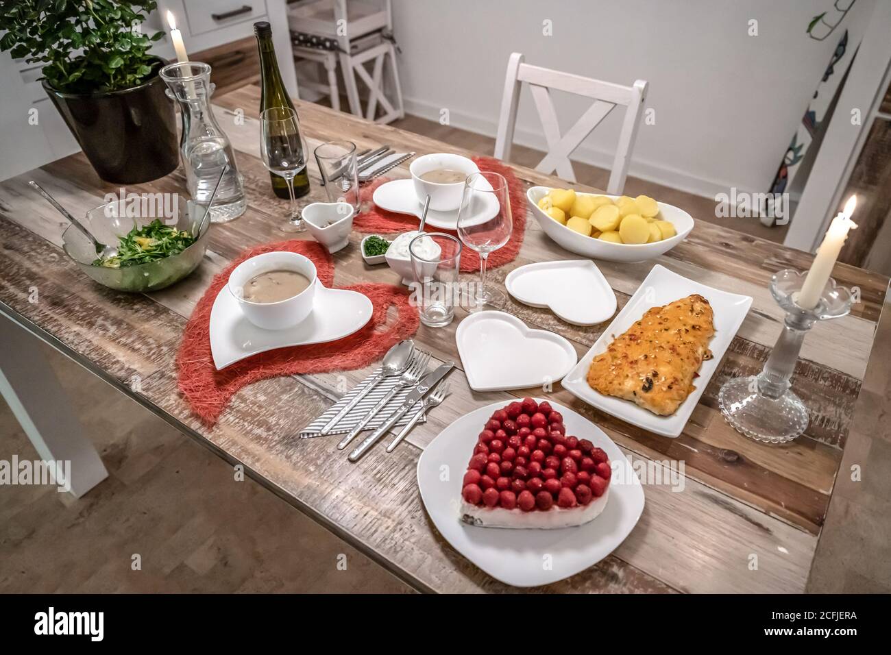 Valentines day dinner setting romantic love for two wooden table red ...