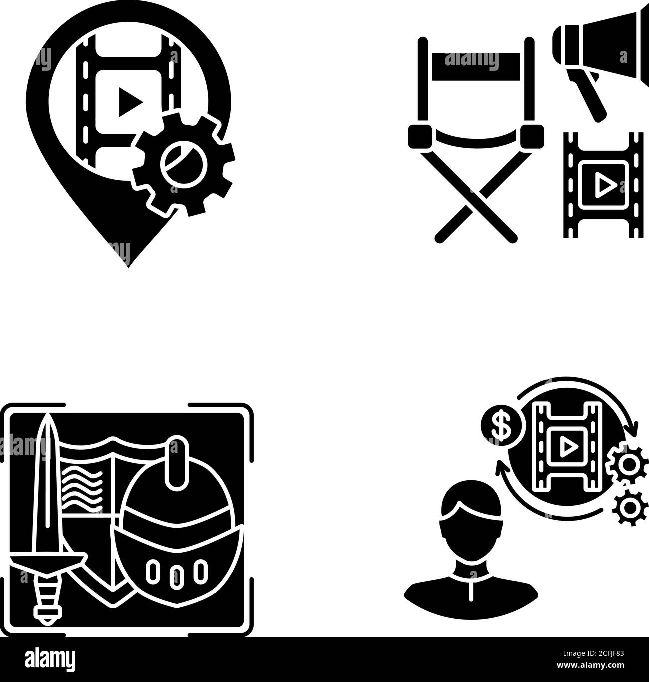 Film production process black glyph icons set on white space Stock ...