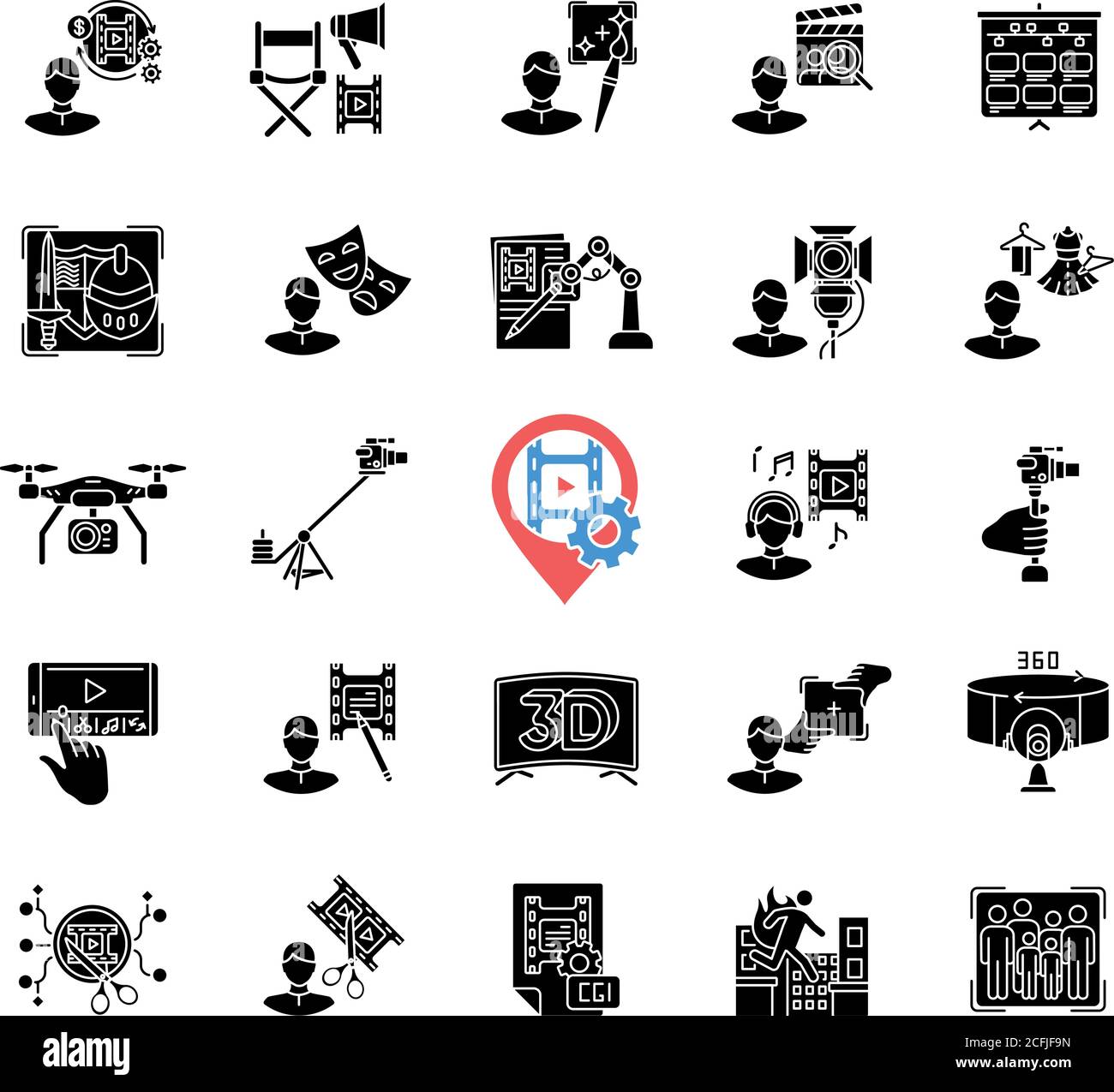 Film making process and staff black glyph icons set on white space ...