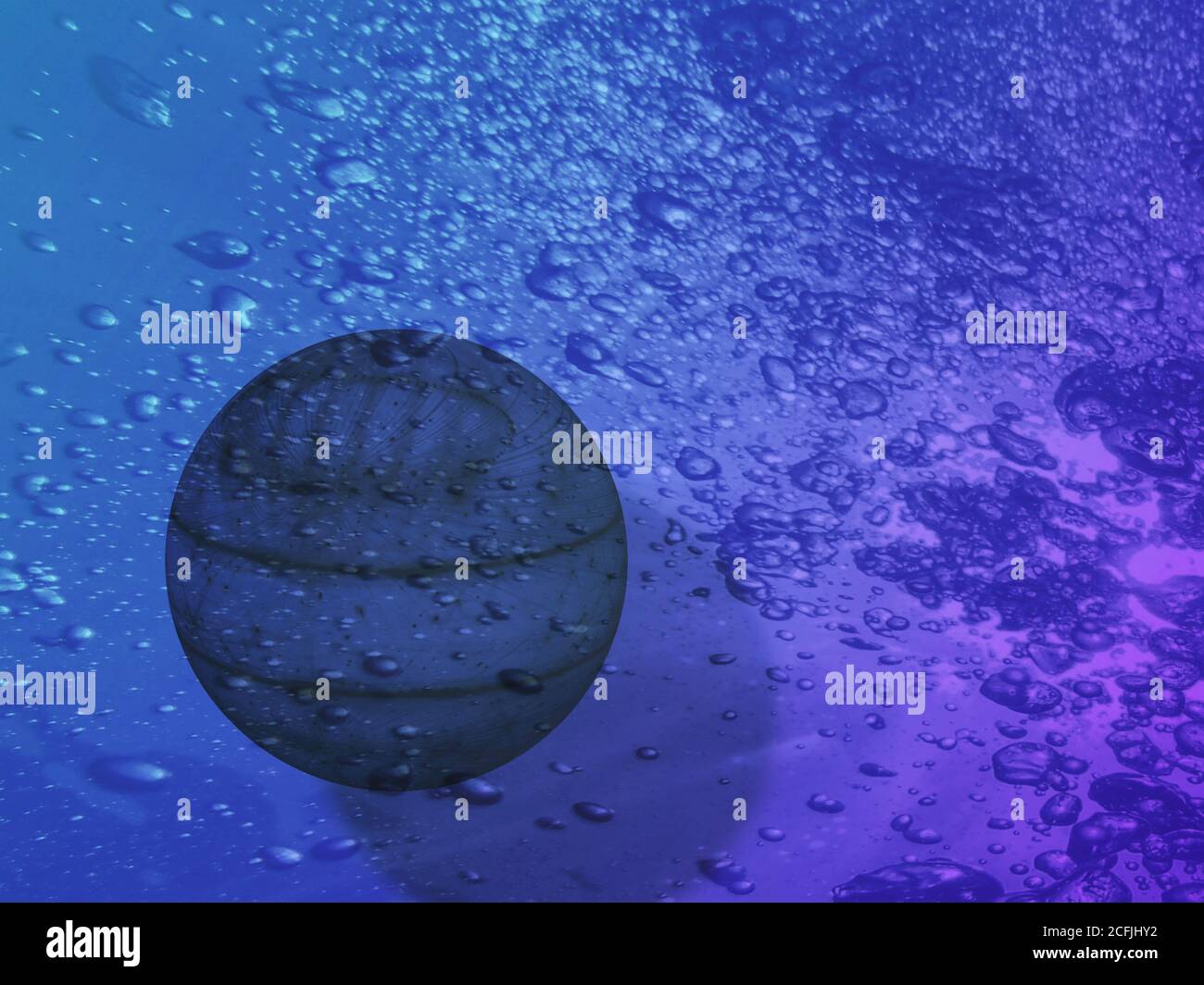 Abstract sphere in water. Underwater view. Water bubbles. 3D rendering ...
