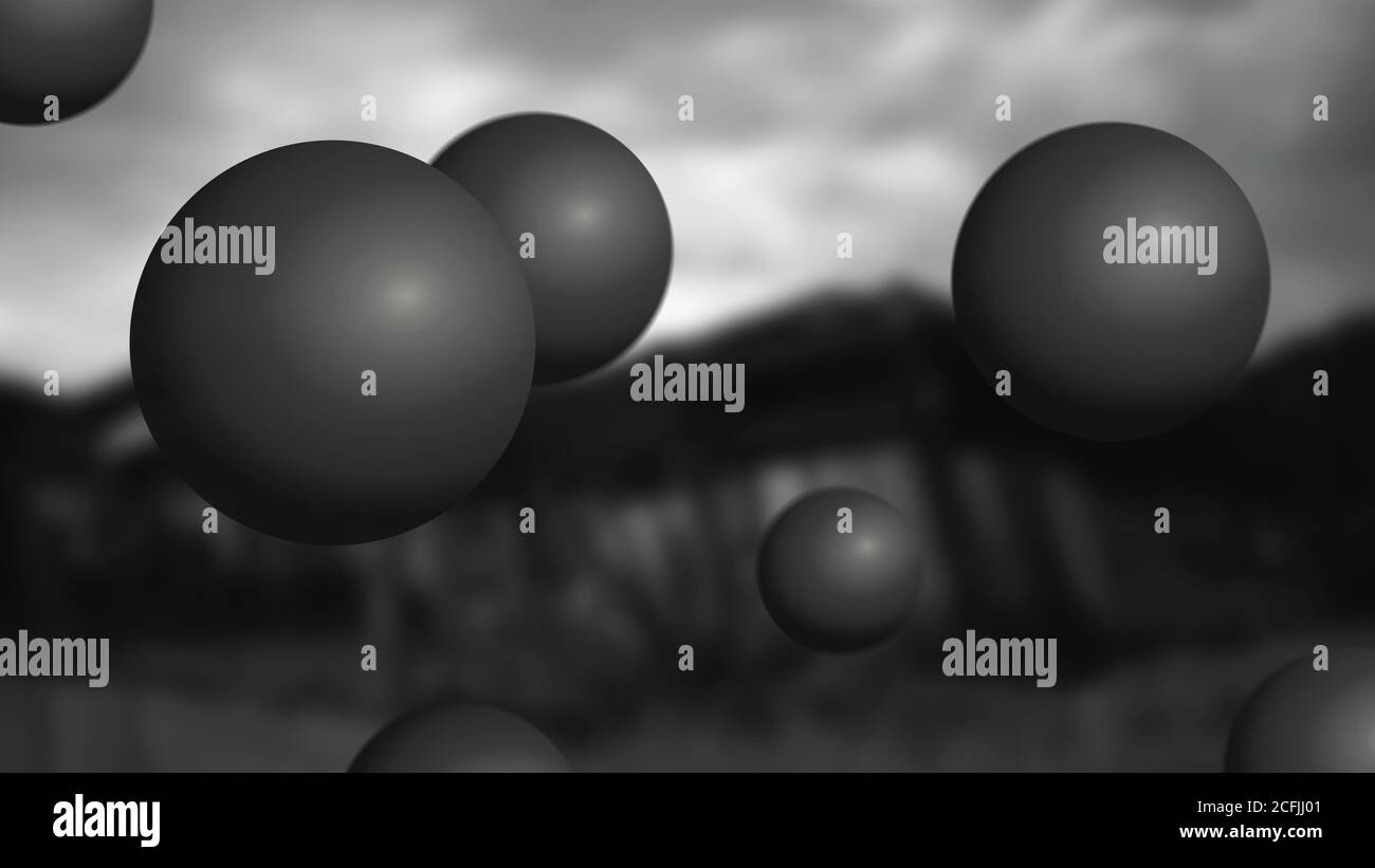 Dark spheres in the air. Black and white background. 3D rendering Stock ...