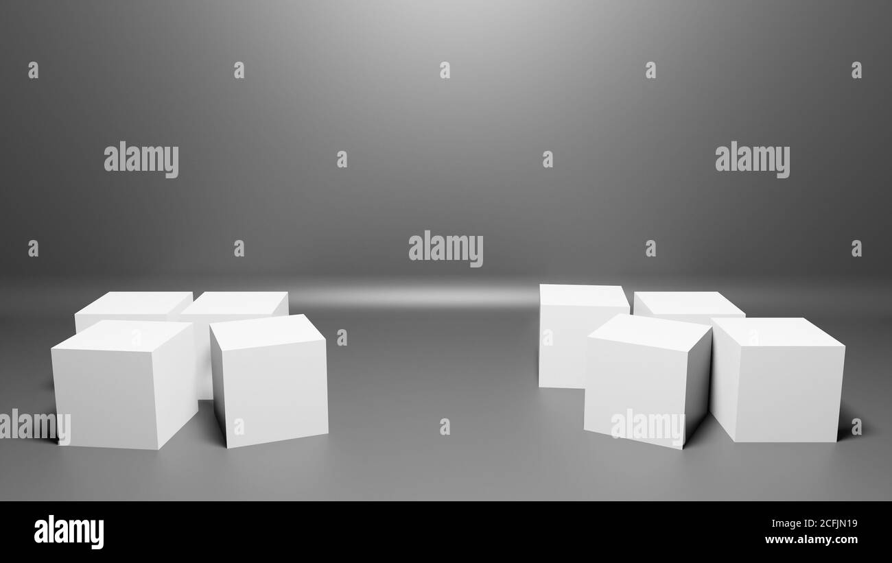 Geometric cubes or boxes, objects in realistic studio interior room, 3d ...