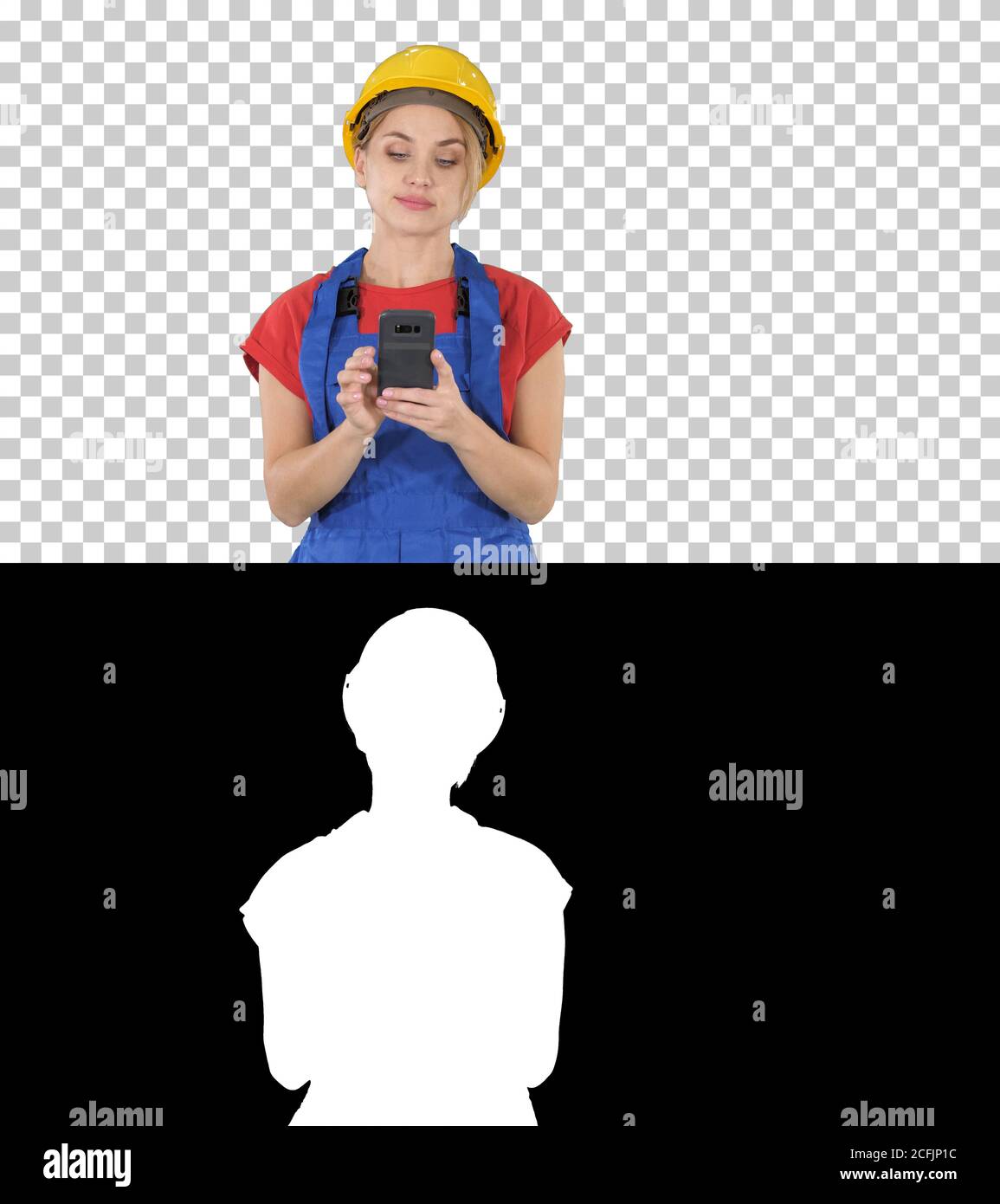 Young Professional Female Contractor Wearing Hard Hat Texting with Cell ...